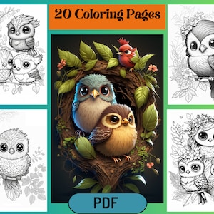20 Printable Adorable Cute Chirping Woodland Birds Grayscale Coloring ...
