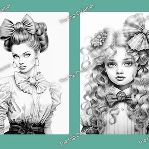 30 Girls With A Bow-grayscale Coloring Pages for Adults & Kids, Girl ...