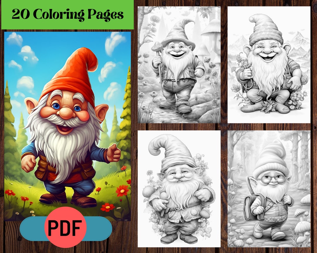 Joyful Happy Gnomes Grayscale Coloring Pages for Adults & Kids, Gnome ...