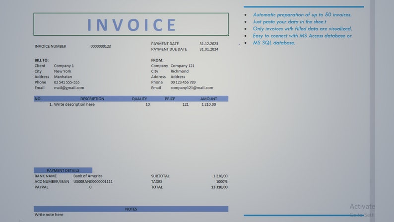 MS Excel Template Automatic Invoices - Etsy