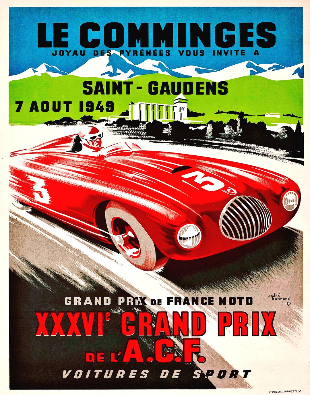 Saint Gaudens Car Race, Vintage Poster 1949 , Grand Prix, Printable ...