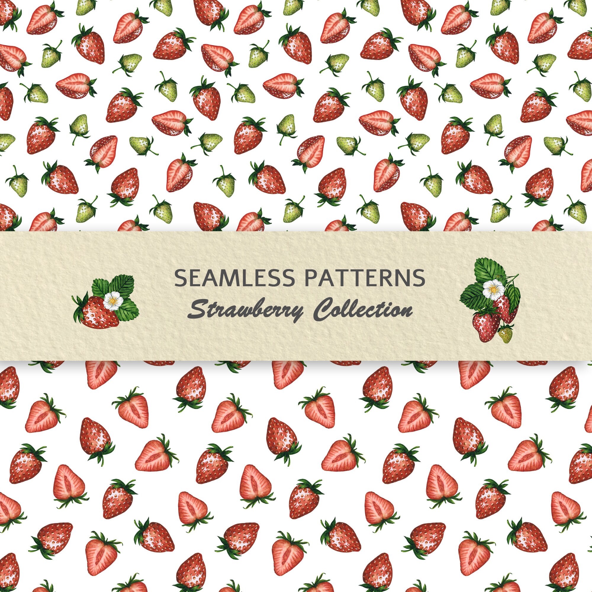 Watercolor Strawberry Digital Paper Set Seamless Pattern Pack Scrapbook ...