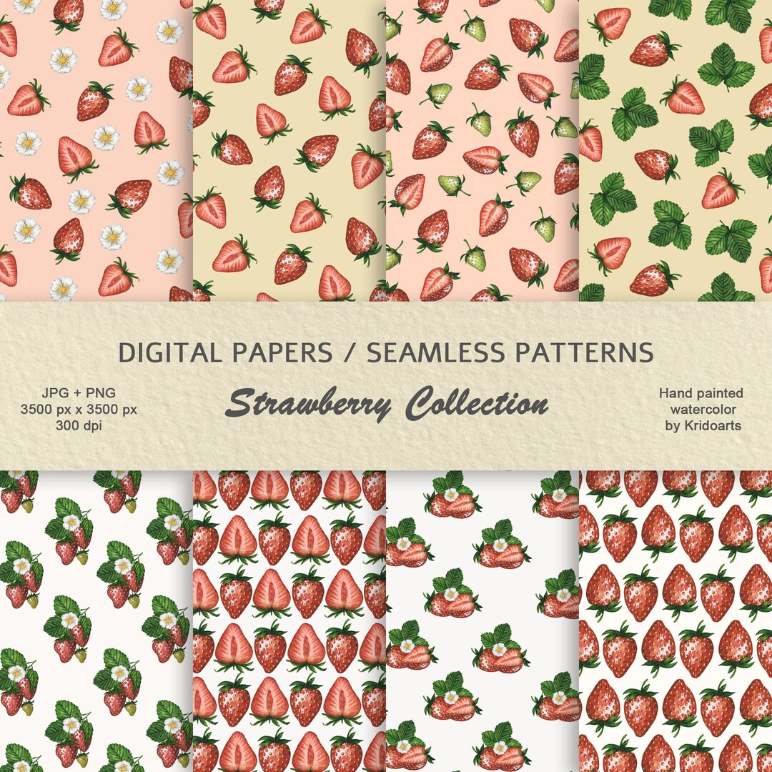 Watercolor Strawberry - Digital Paper Pack - Seamless Pattern Bundle ...