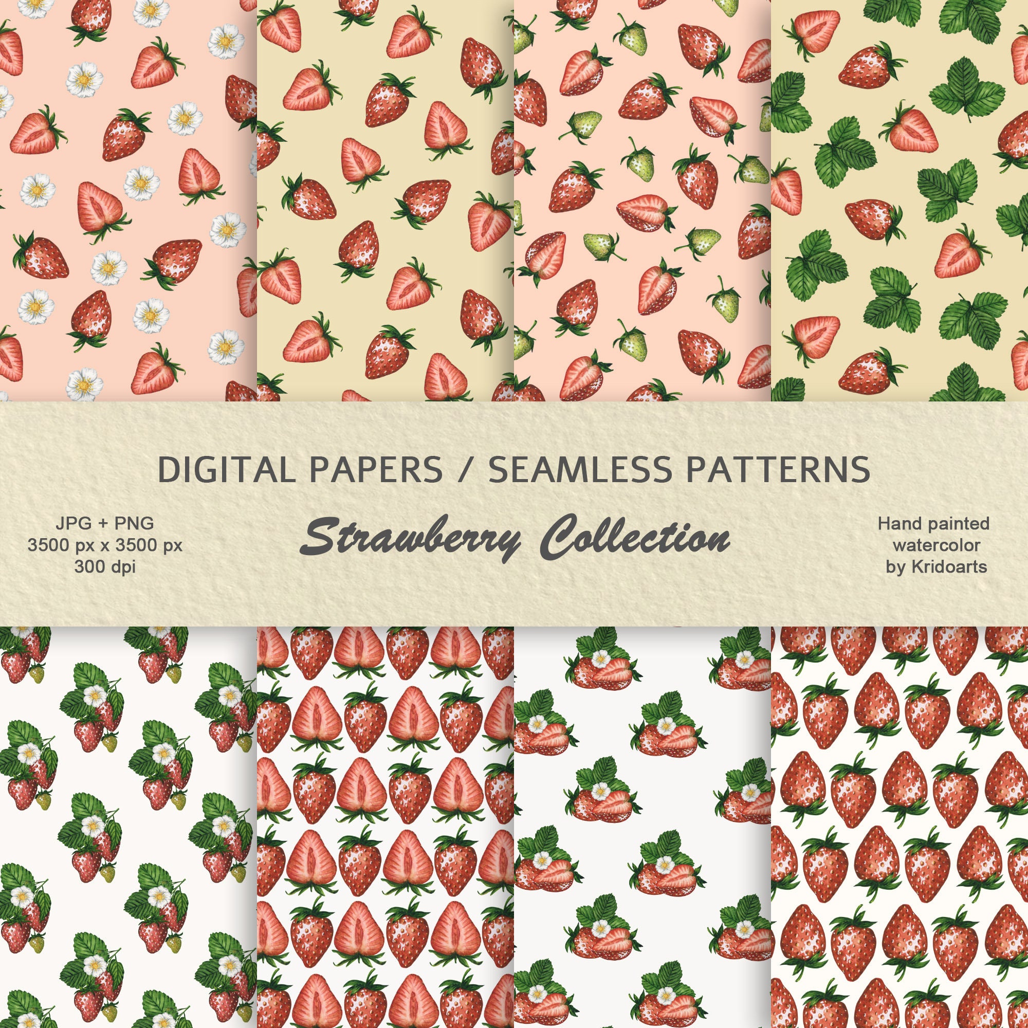 Watercolor Strawberry Digital Paper Pack Seamless Pattern Bundle ...