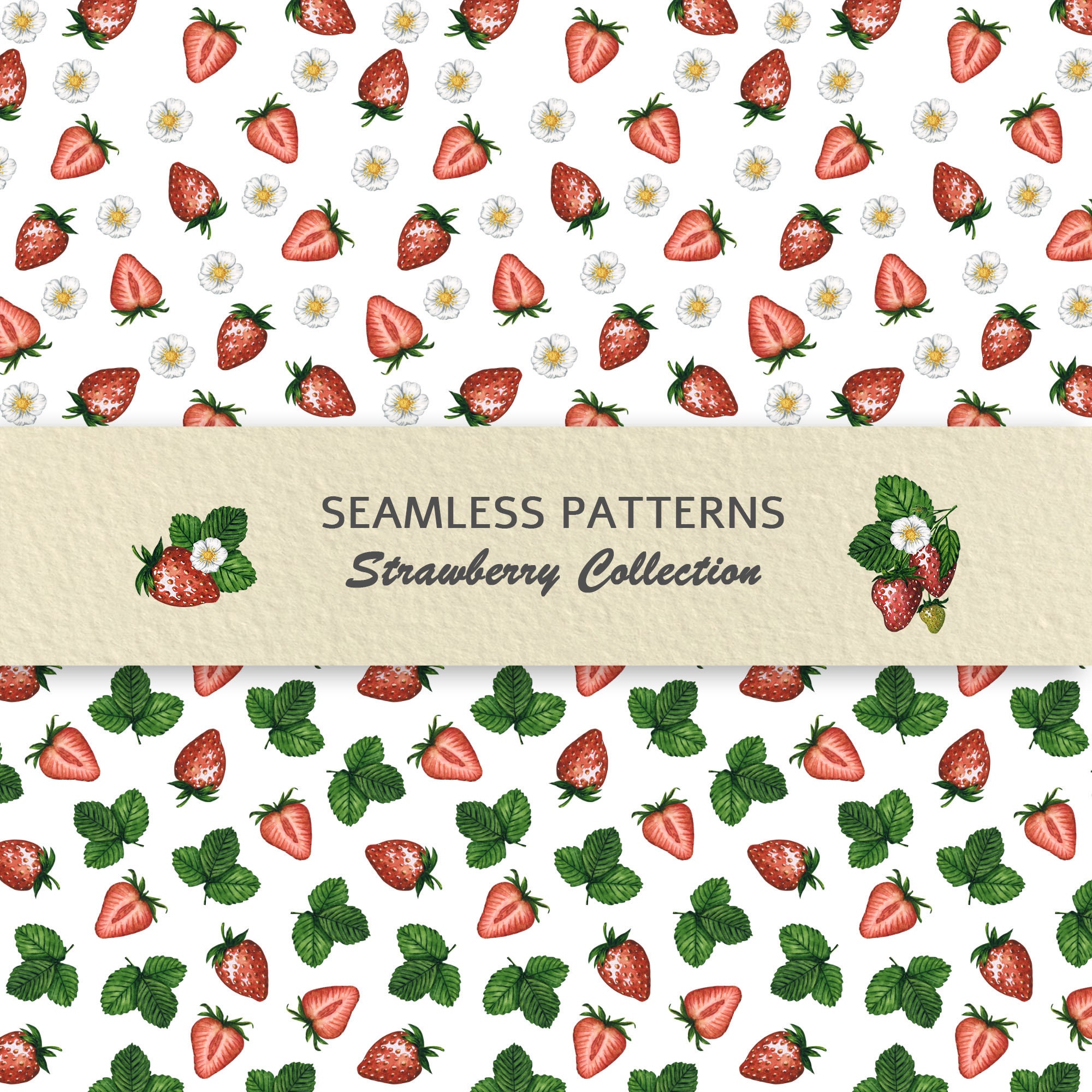 Watercolor Strawberry Digital Paper Set Seamless Pattern Pack Scrapbook ...