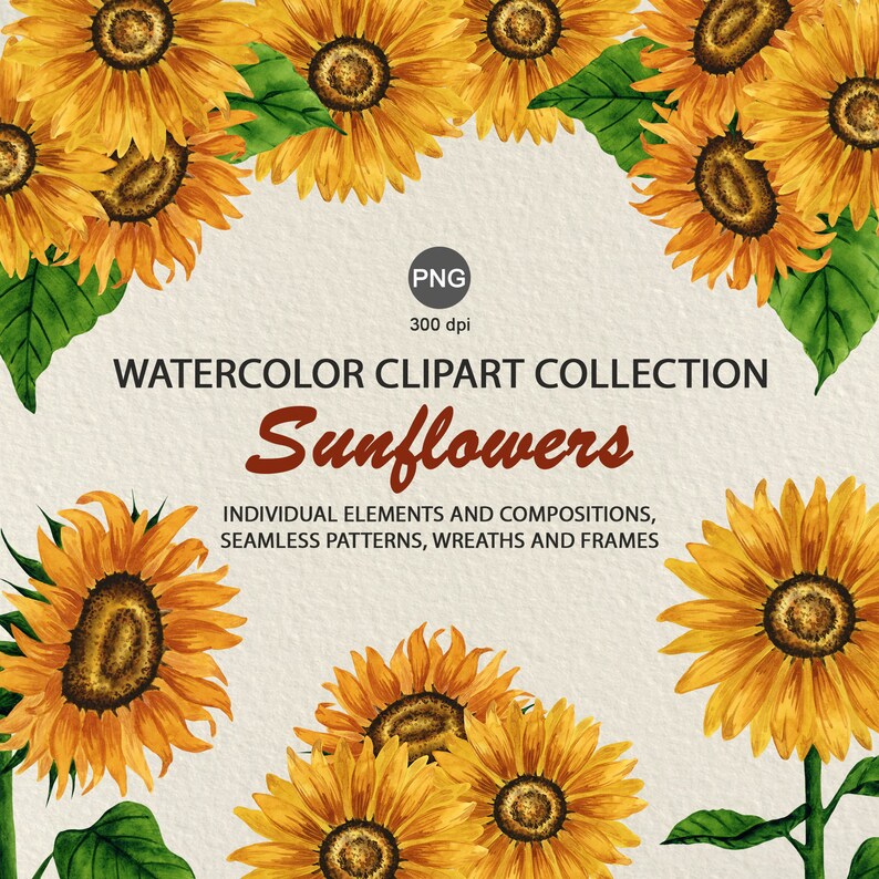 Sunflower Watercolor Clipart: Floral Bouquets, Wreaths and Frames ...