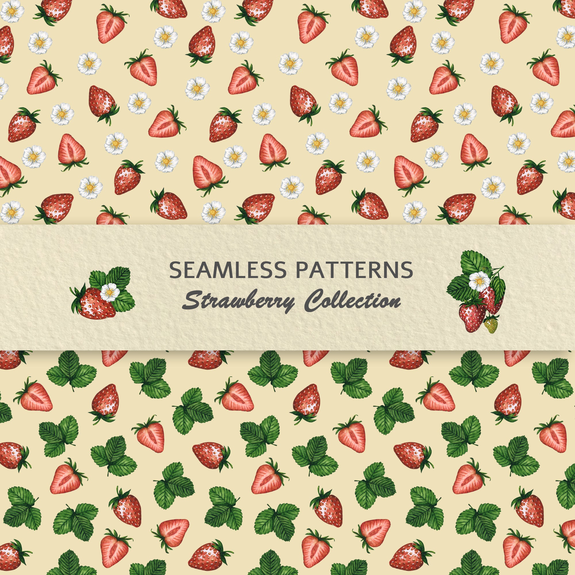 Watercolor Strawberry Digital Paper Pack Seamless Pattern Bundle ...