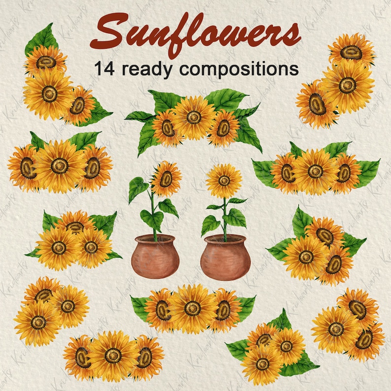 Sunflower Watercolor Clipart: Floral Bouquets, Wreaths and Frames ...
