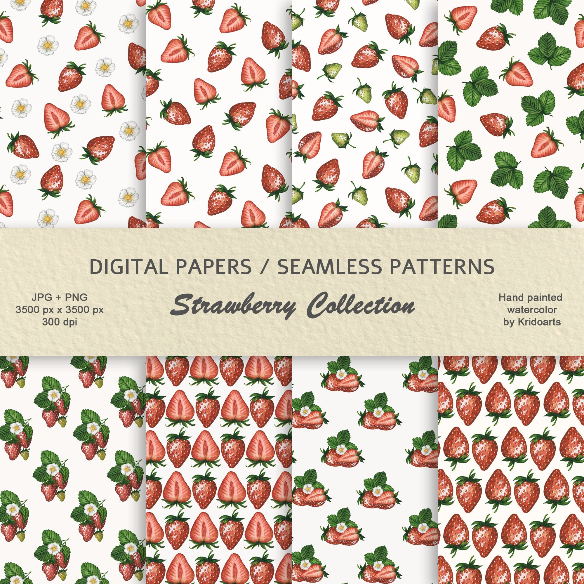 Watercolor Strawberry Digital Paper Set Seamless Pattern Pack Scrapbook ...