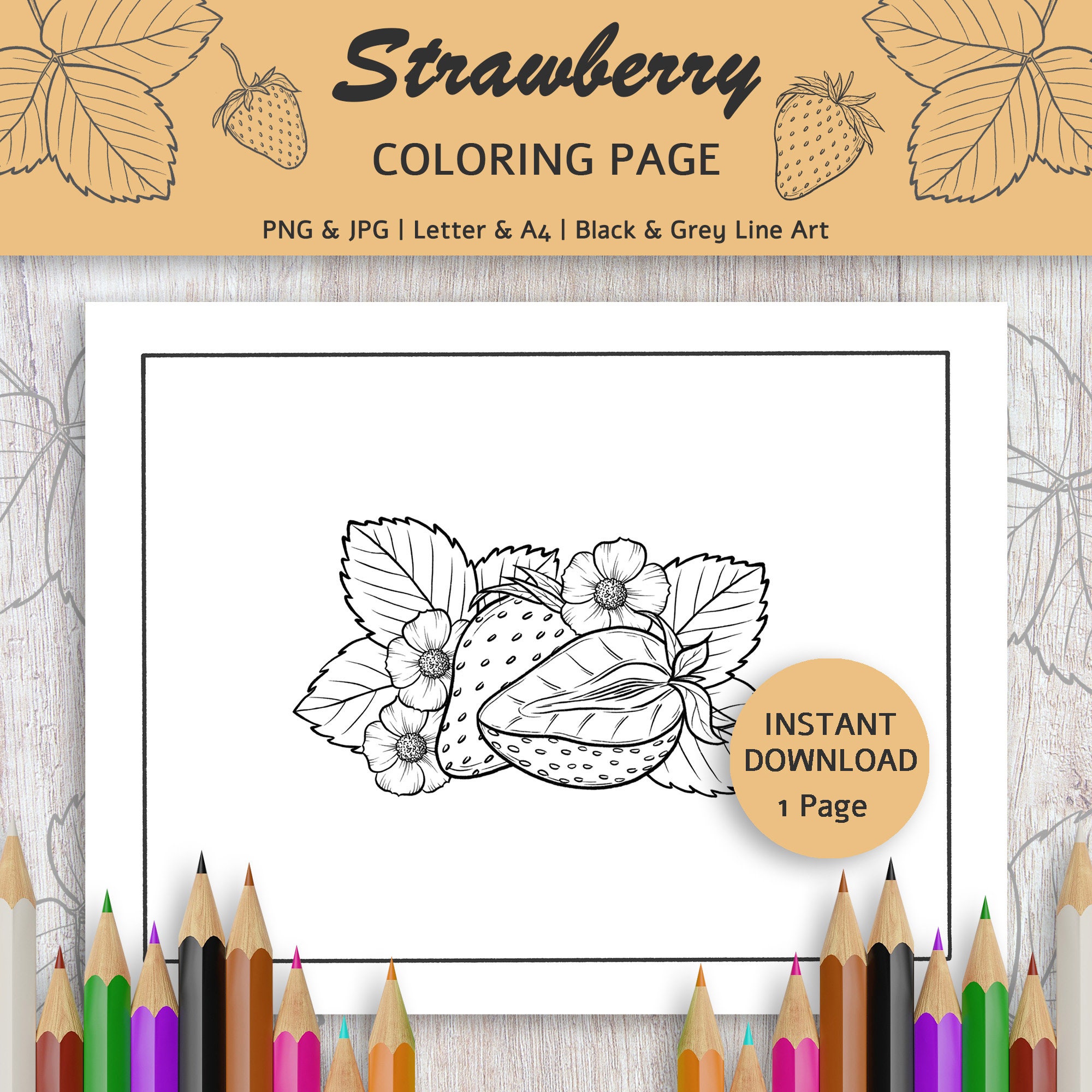 Strawberry Printable Coloring Page for Adults and Kids N3 - Digital ...