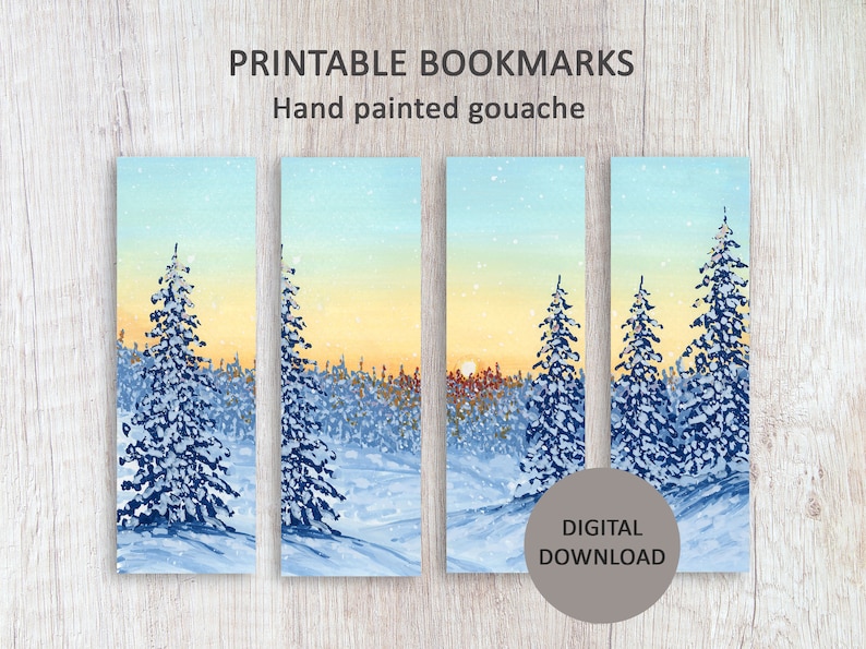 Printable Gouache Bookmarks With Winter Landscape, Winter Forest, Snowy ...