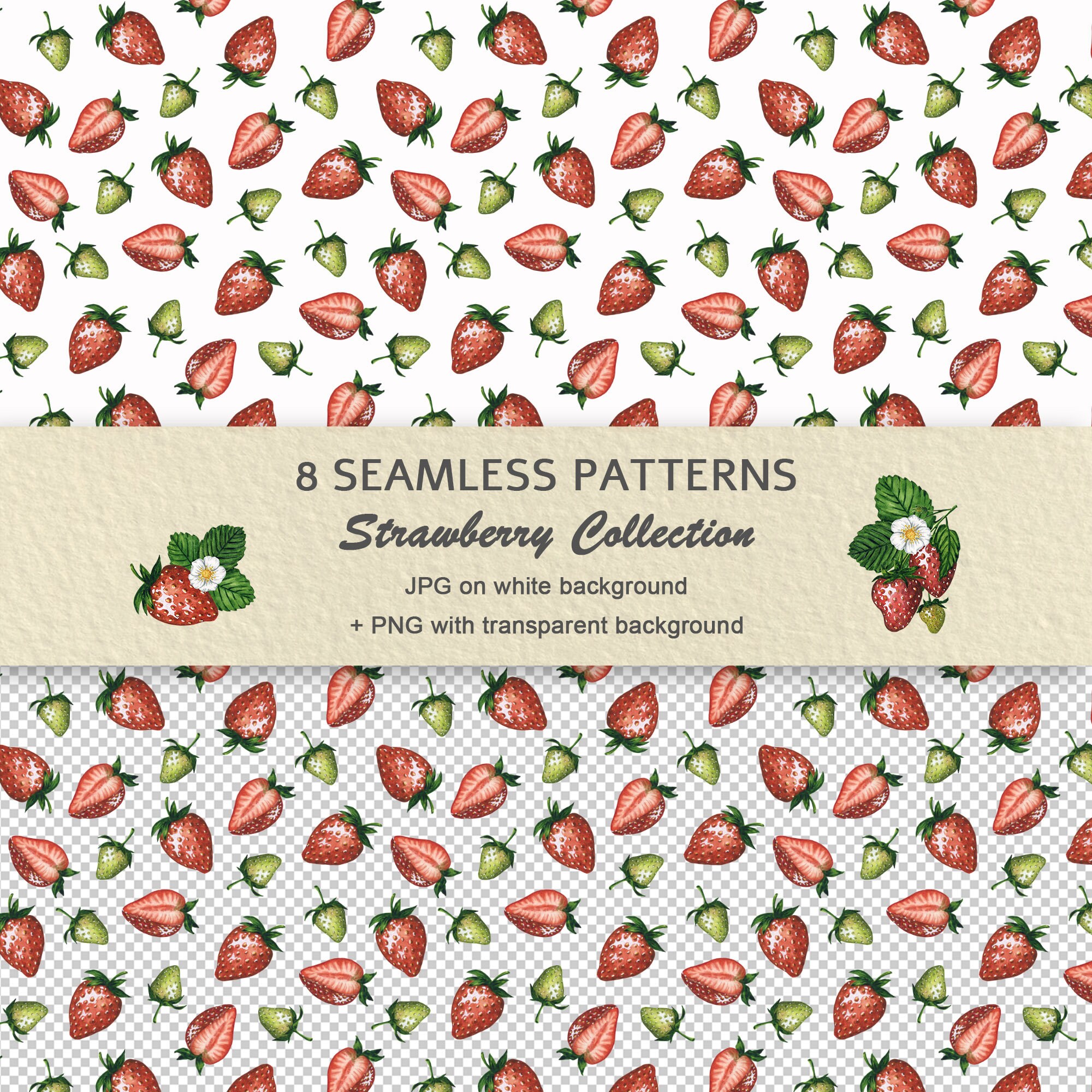Watercolor Strawberry Digital Paper Set Seamless Pattern Pack Scrapbook ...