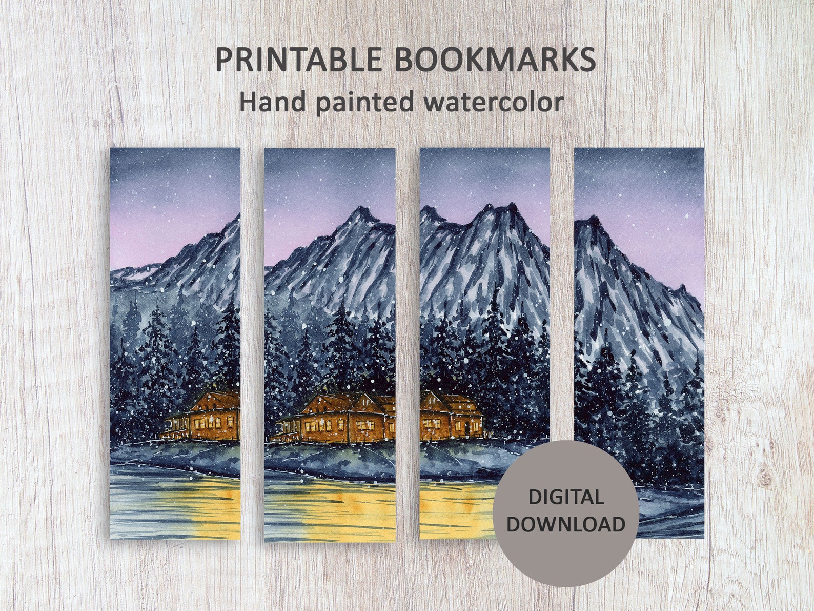 Printable Bookmarks - Watercolor Winter Mountain Cabin Landscape ...