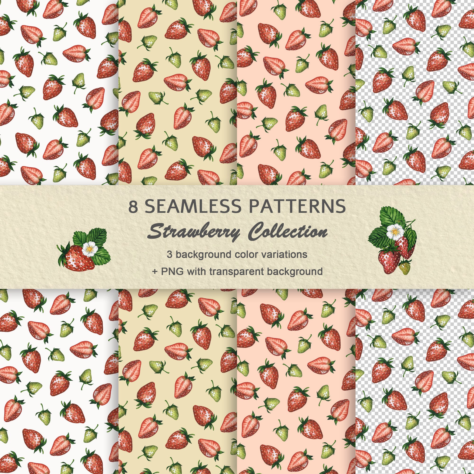 Watercolor Strawberry Digital Paper Pack Seamless Pattern Bundle ...