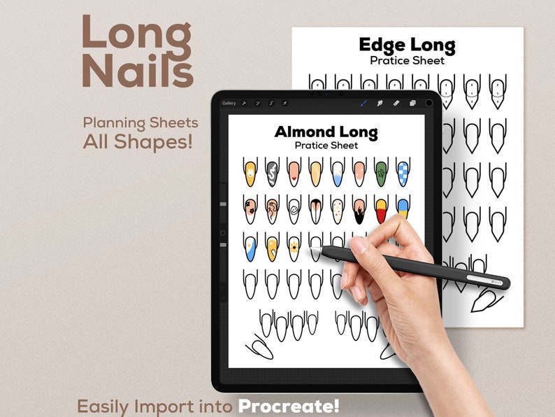 Long Nail Artist Practice Pages, Practice Nail Art Sheet, Acrylic Nails ...