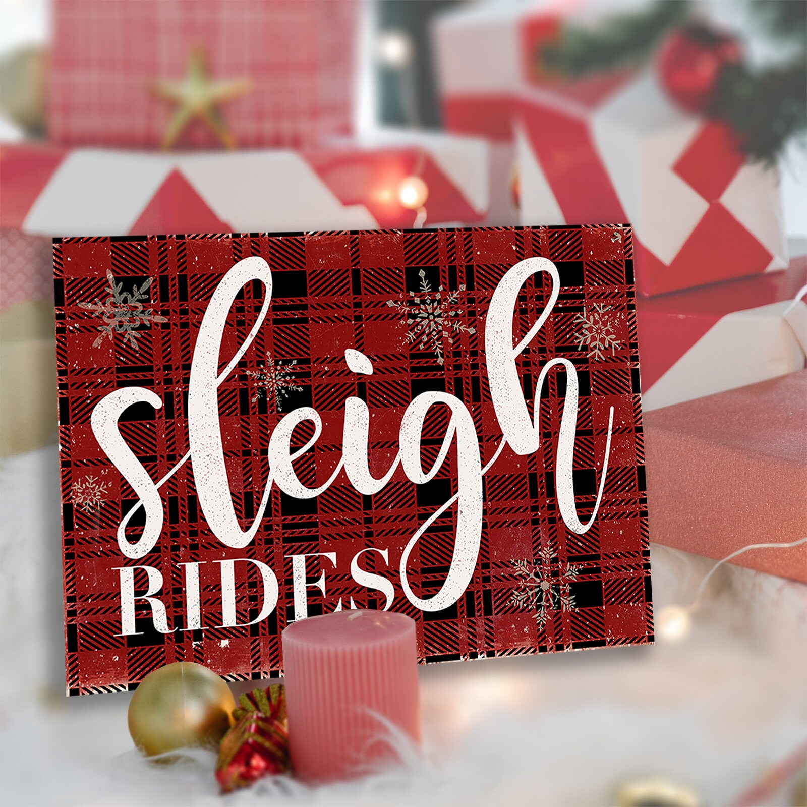 Sleigh Rides MDF Wood Sign With Red Buffalo Plaid and Snowflakes ...