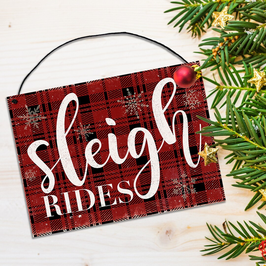 Sleigh Rides MDF Wood Sign With Red Buffalo Plaid and Snowflakes ...