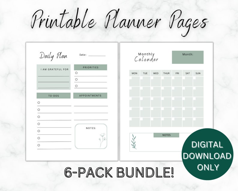 Green Floral Printable Planner Bundle, Digital Daily Planner Undated ...