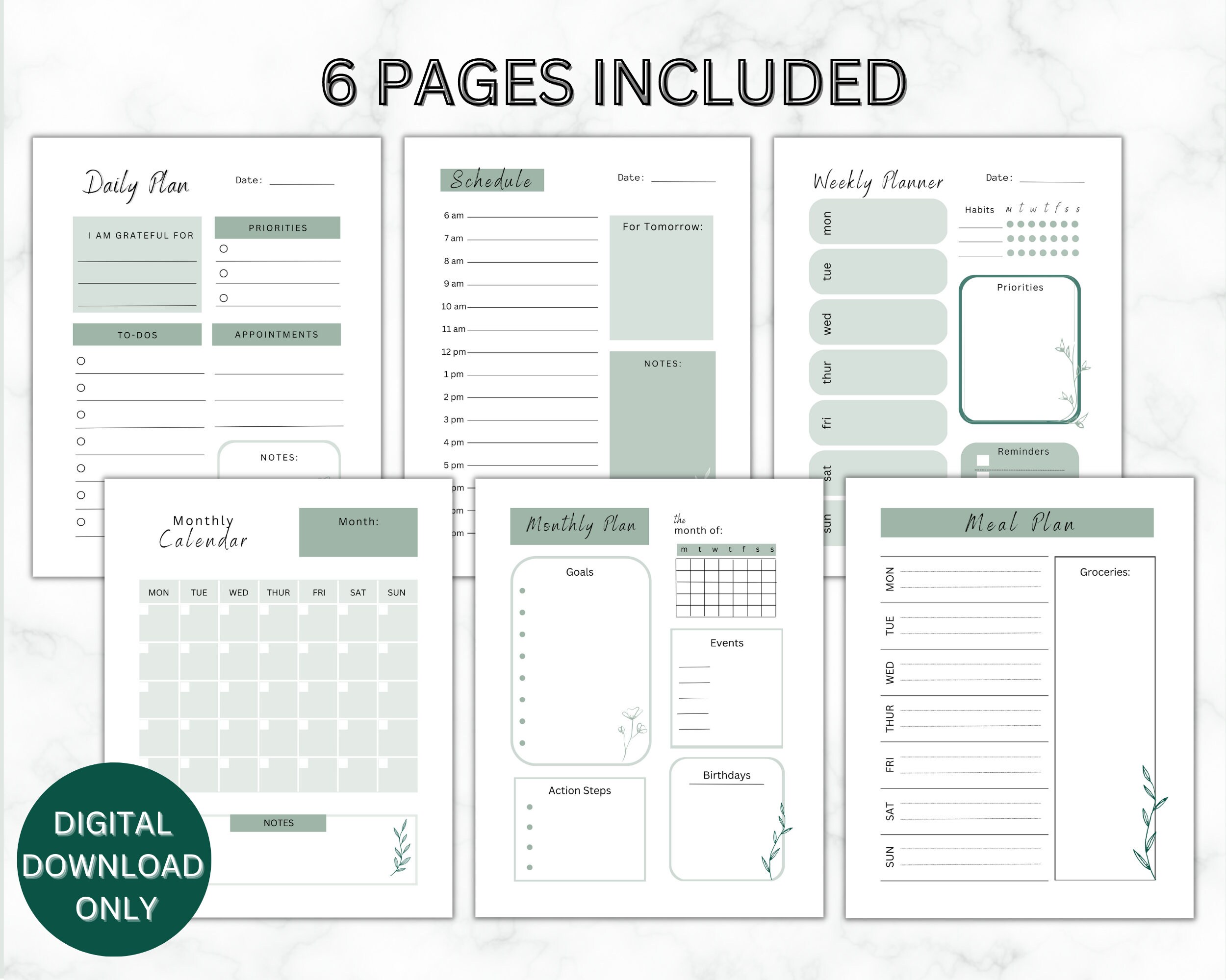 Green Floral Printable Planner Bundle, Digital Daily Planner Undated ...