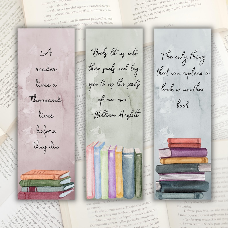 Printable Book Stack Watercolor Bookmarks Set of 3 Love of Reading ...