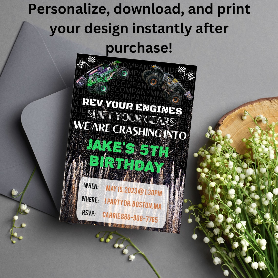Personalized Monster Jam Birthday Invitation 5x7 Printable Digital ...