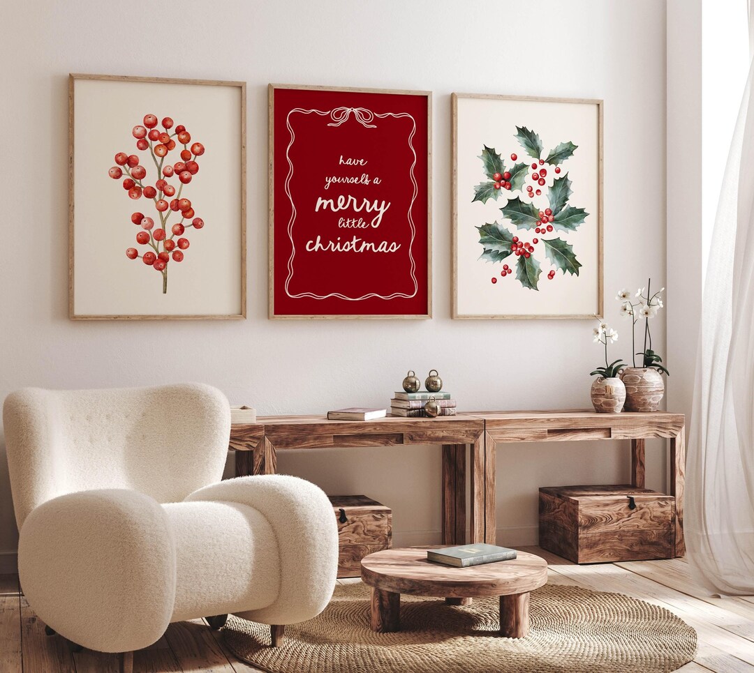 Trendy Christmas Prints, Set of 3 Merry Christmas Winter Poster, Holly ...