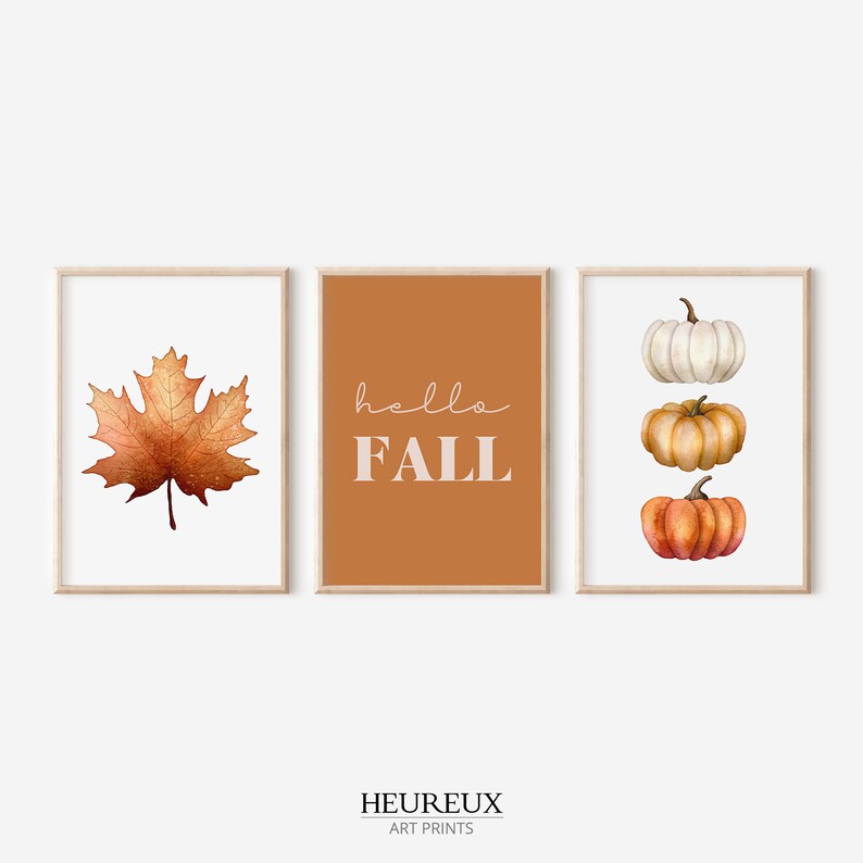 Set of 3 Orange Hello Fall Printable Wall Art, Watercolor Pumpkin Fall ...