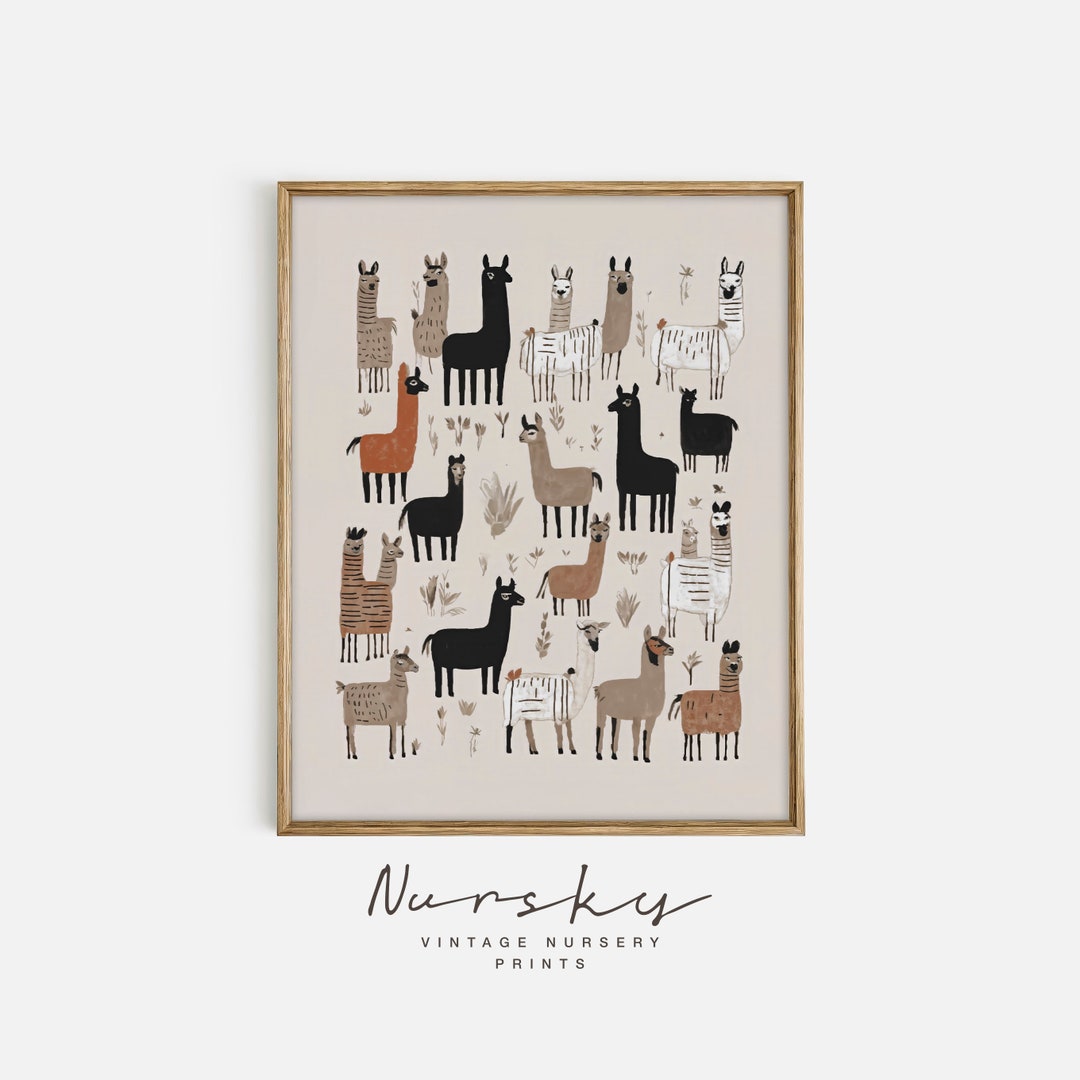 Boho Llamas Print Beige Llama Poster Vintage Cute Nursery Decor Neutral ...