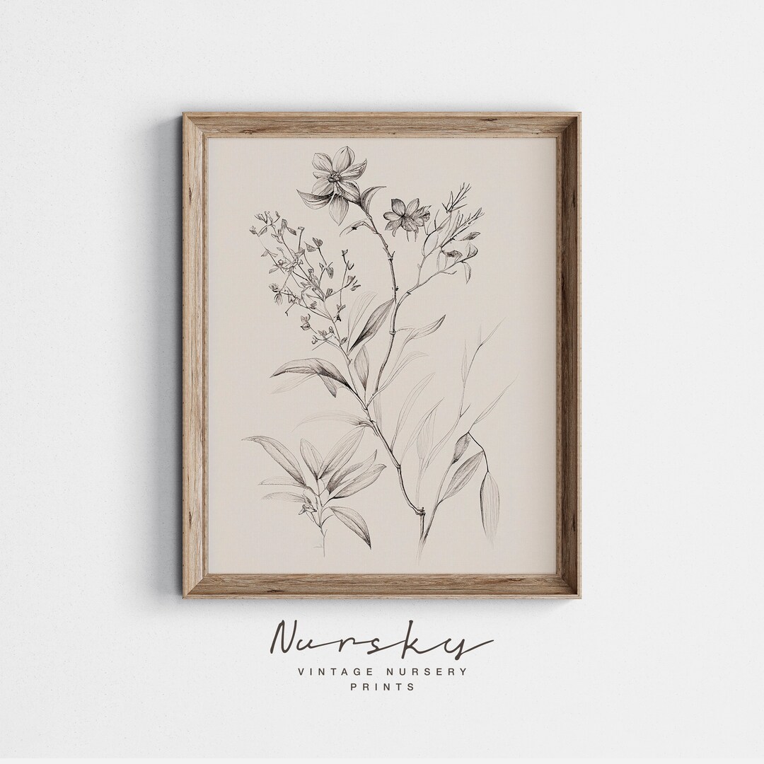Vintage Neutral Flower Sketch - Botanical Drawing - Minimalist Print ...
