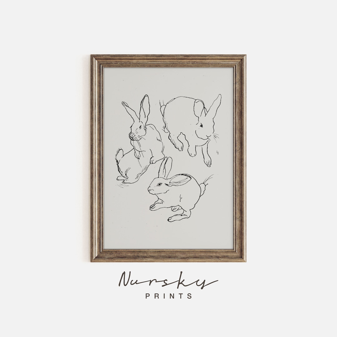 Vintage Three Bunny Rabbit Line Art | Abstract Farm Print | Farmhouse ...