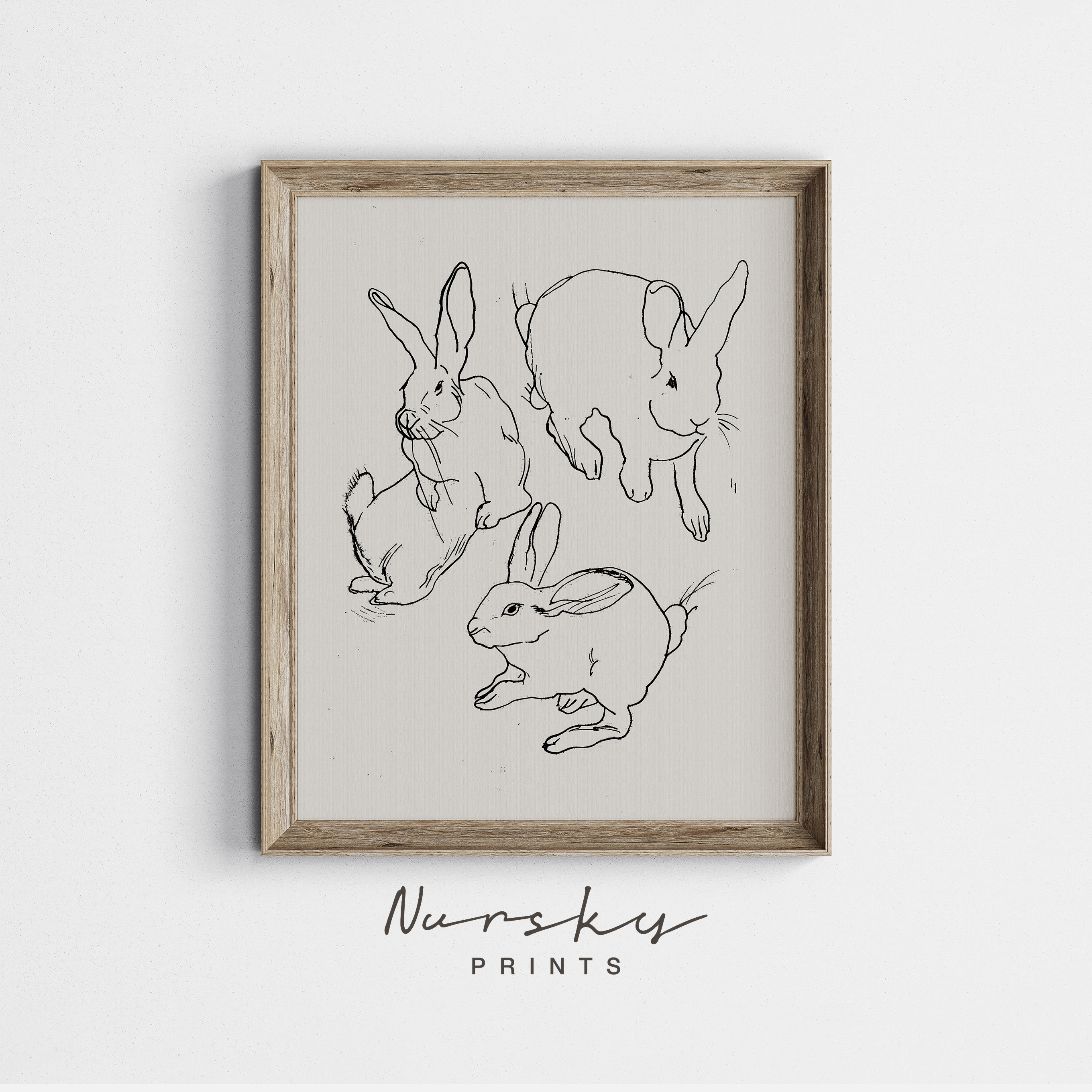 Vintage Three Bunny Rabbit Line Art | Abstract Farm Print | Farmhouse ...