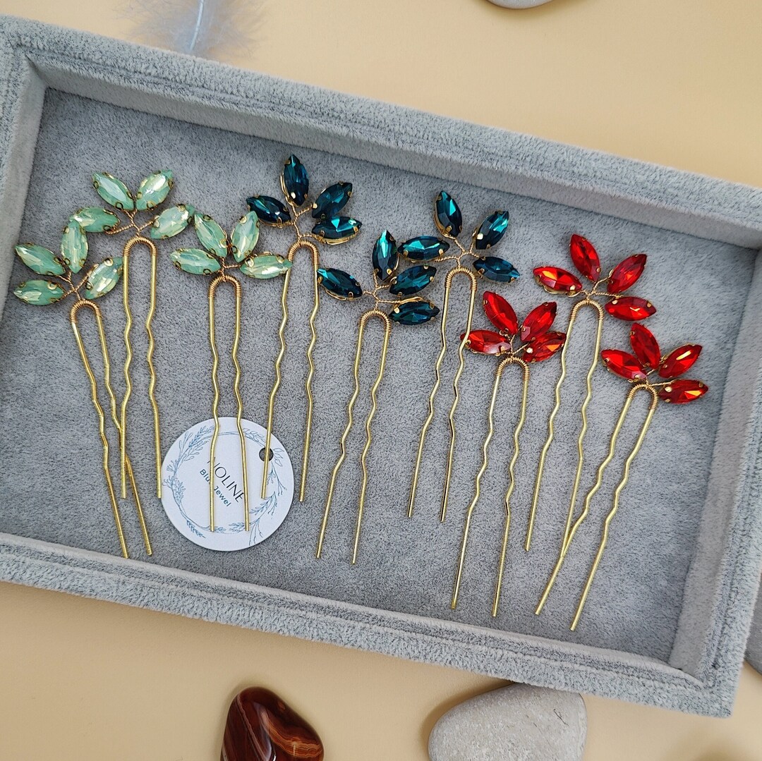 Set of Three Golden Hair Picks, Peacock Blue, Red or Mint Green ...