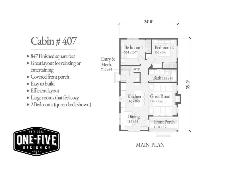 24x38 Cottage House Plan PDF: Small 2 Bedroom Cabin Blueprint (instant ...