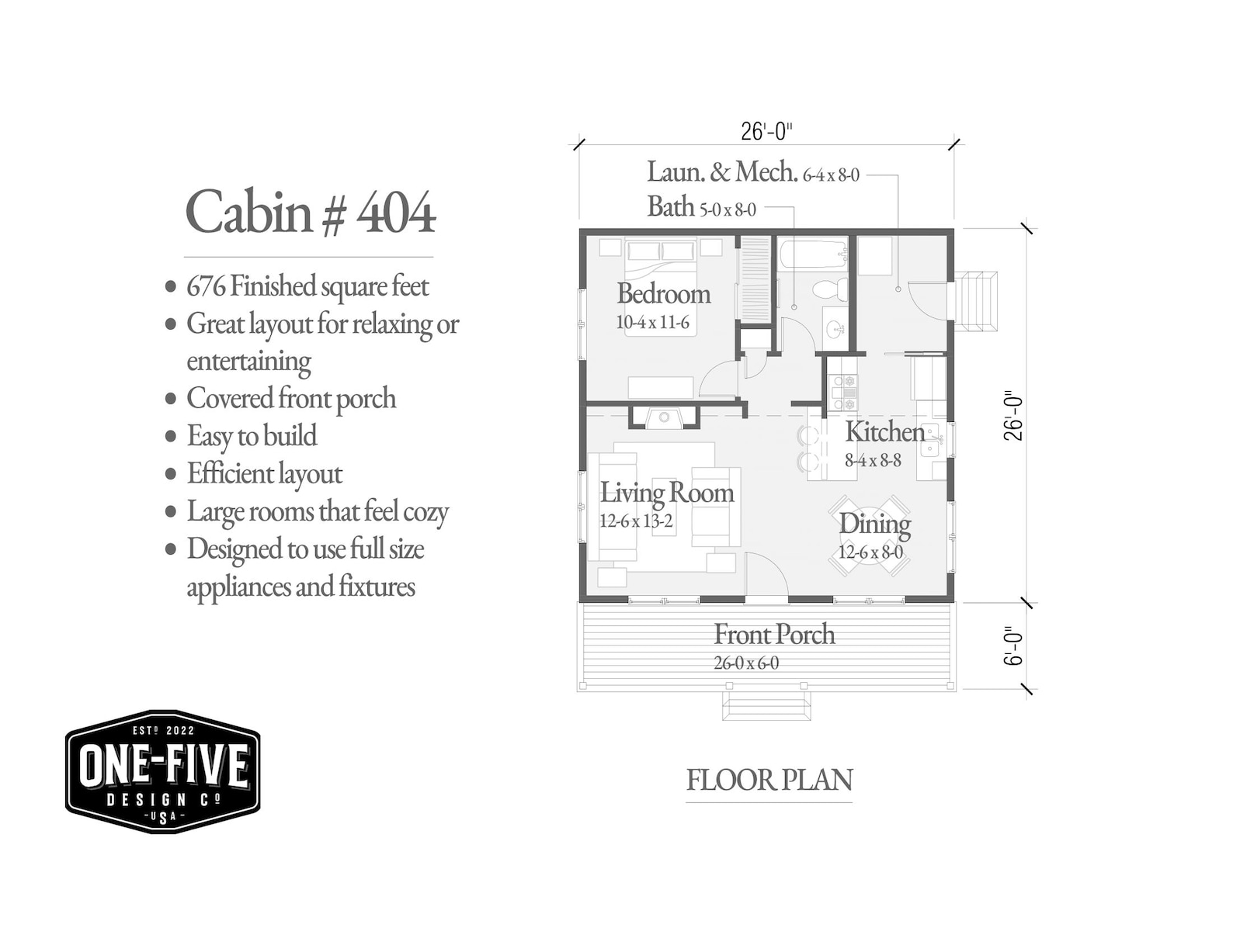 26x26 Small Cabin Plans PDF: Tiny Home Blueprint With Porch & Fireplace ...