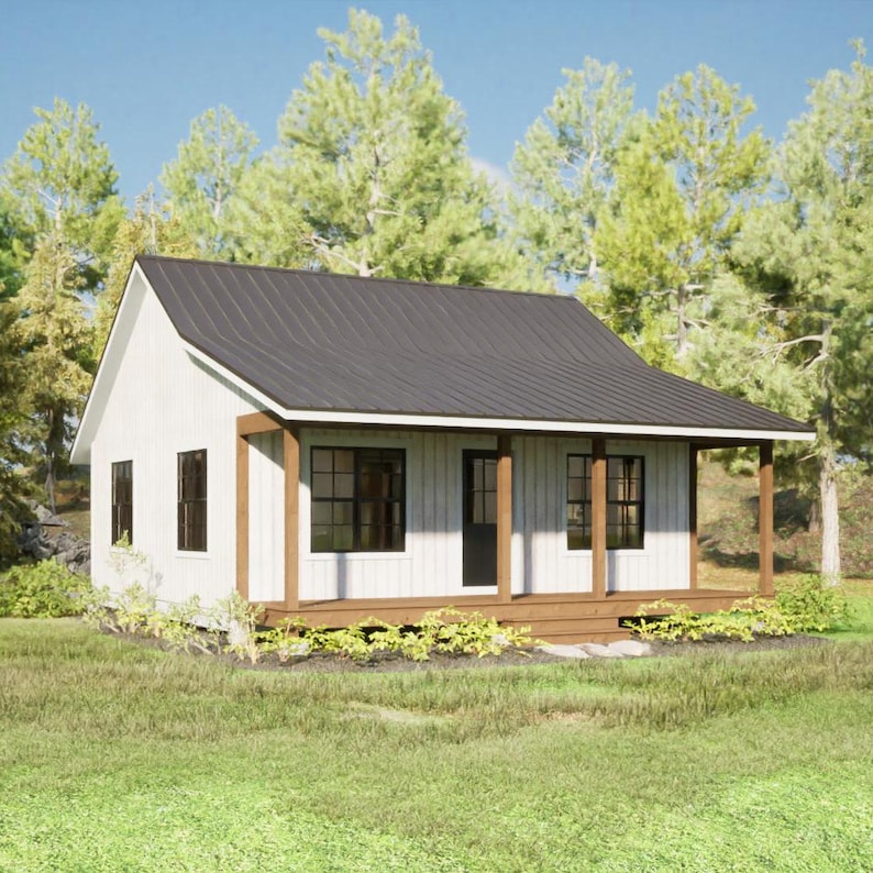 26x26 Small Cabin Plans PDF: Tiny Home Blueprint With Porch & Fireplace ...