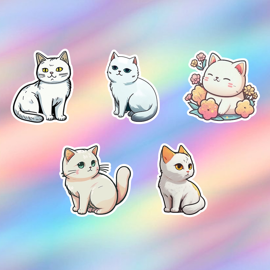 Cute White Cat Stickers Pack of 5 Kawaii White Cat Sticker Vinyl Animal ...