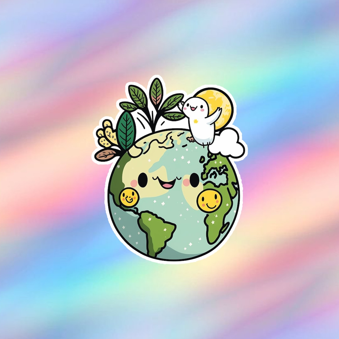 Cute Earth Sticker With Smiley Face Kawaii Vinyl Laptop Sticker Planet ...
