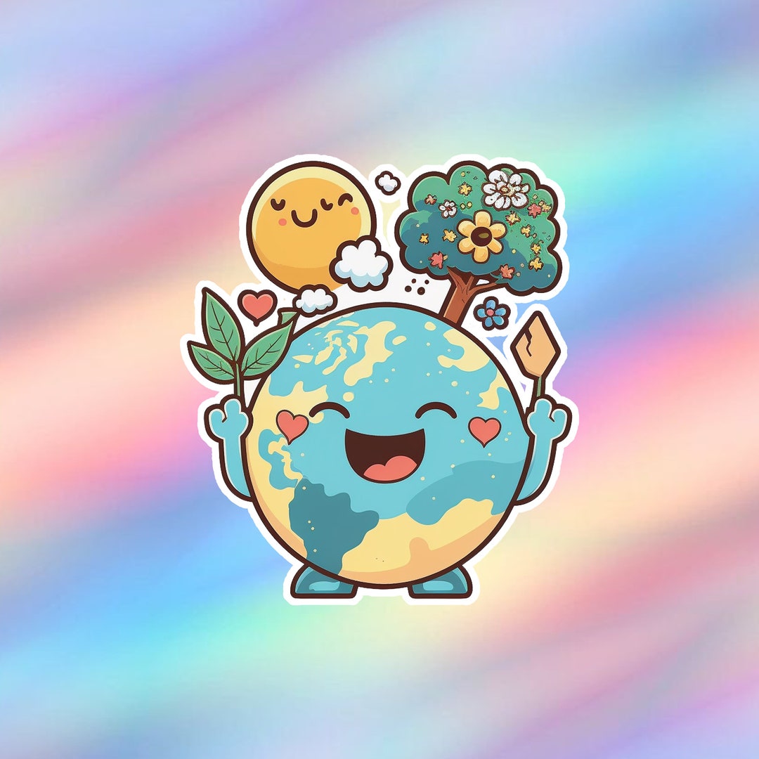 Cute Earth Sticker With Tree Kawaii Vinyl Laptop Sticker Planet Water ...