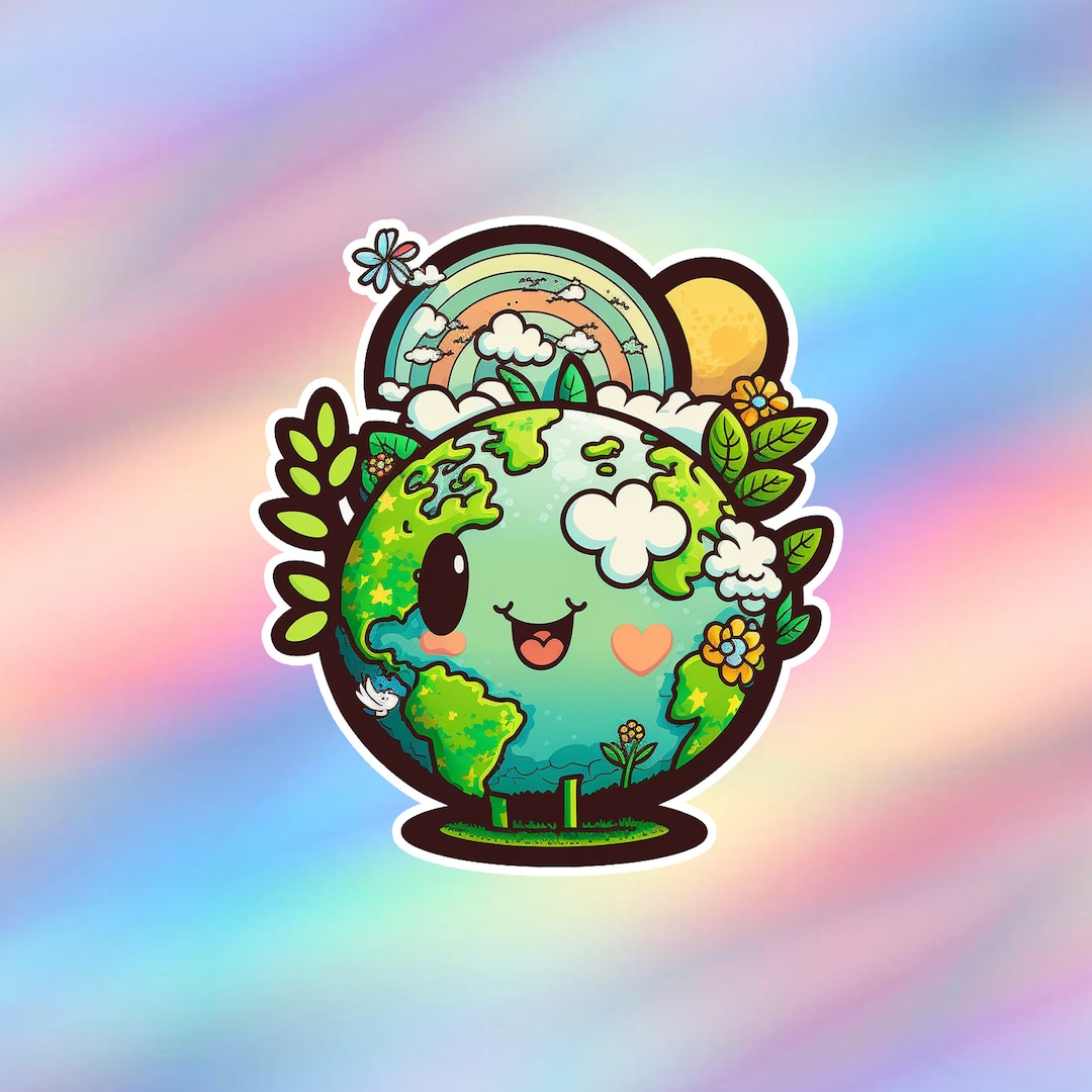 Cute Earth Sticker With Rainbow Kawaii Vinyl Laptop Sticker Animal ...