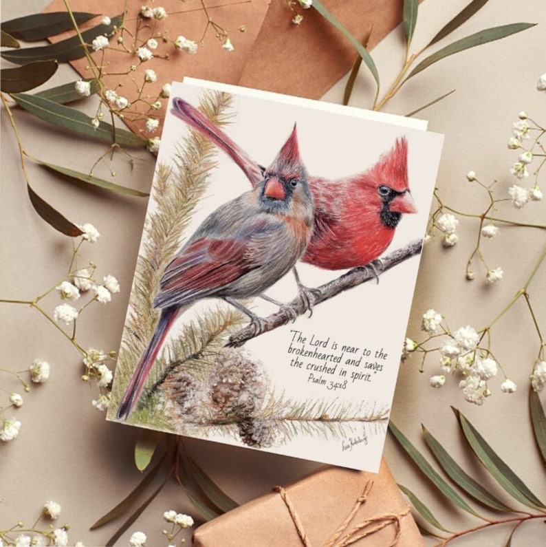 Sympathy Cardinal Pair Watercolor- Psalm 34:18 Scripture Cards, Magnets ...