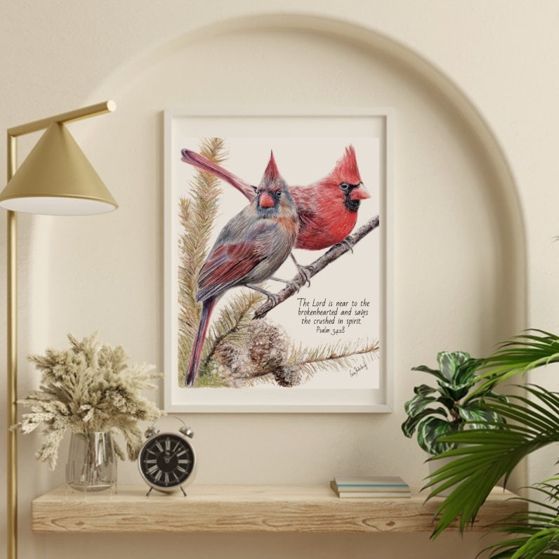 Sympathy Cardinal Pair Watercolor- Psalm 34:18 Scripture Cards, Magnets ...