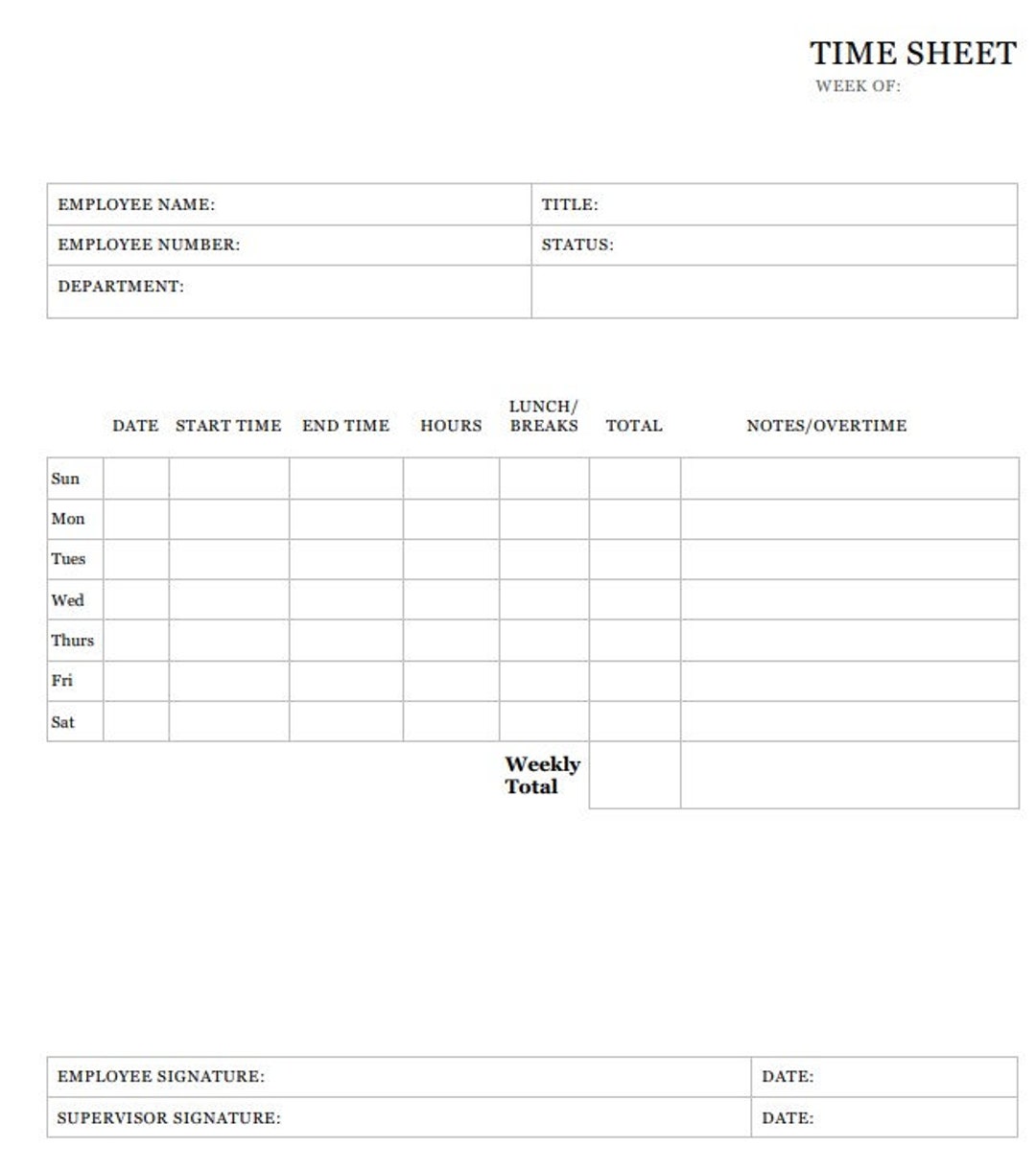 Weekly Time Sheet Printable PDF Format - Etsy
