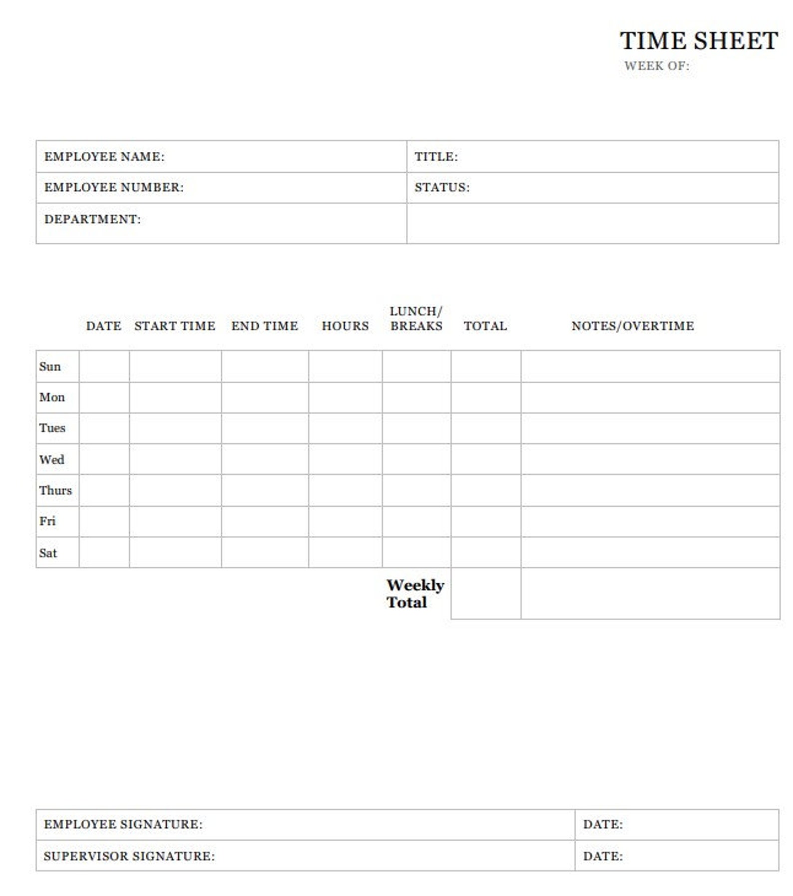 Weekly Time Sheet Printable PDF Format - Etsy