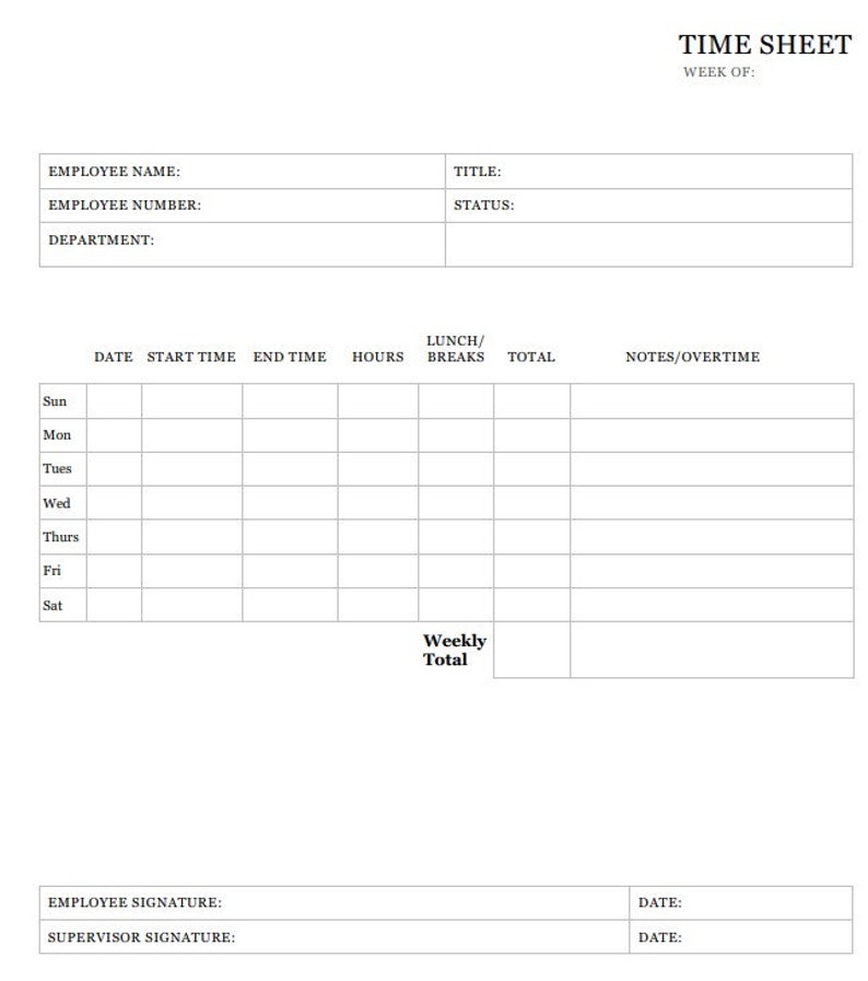Weekly Time Sheet Printable PDF Format - Etsy