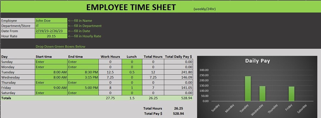 Weekly and Biweekly Drop Down 24hr Timesheet (excel Document) - Etsy