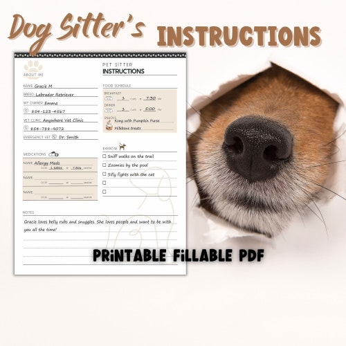 Pet Sitter Instructions Printable PDF Owner Info Template - Etsy
