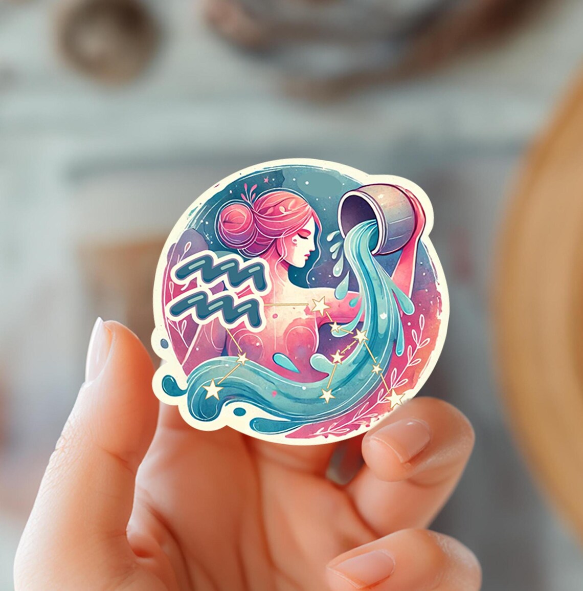 Aquarius Zodiac Sticker: Watercolor Astrology Aquarius Decal ...