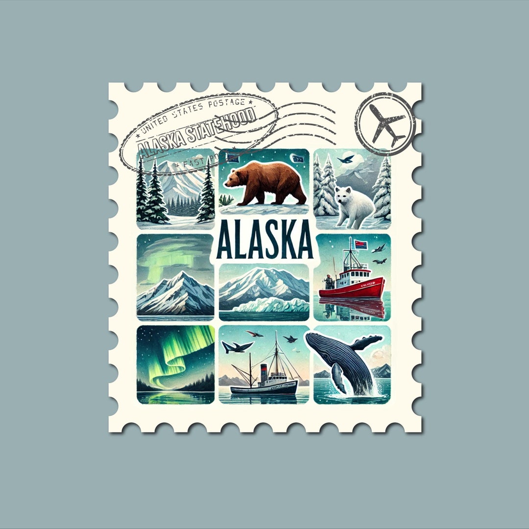 Alaska Stamp Sticker, Vinyl Sticker, Luggage Sticker, Travel Ephemera ...