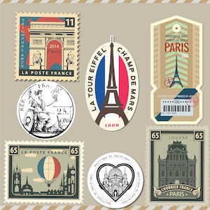 Retro Paris Vinyl Sticker Set of 7, Paris Sticker, Eiffel Tower, Paris ...