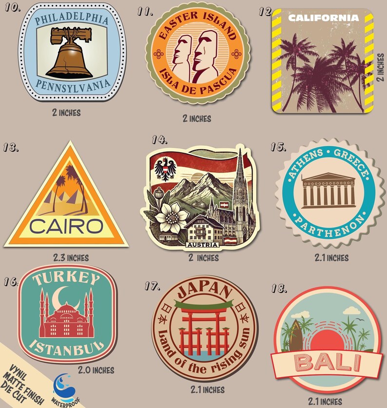Vintage Travel Sticker Pack: Weatherproof Vinyl Decals, Handmade in ...